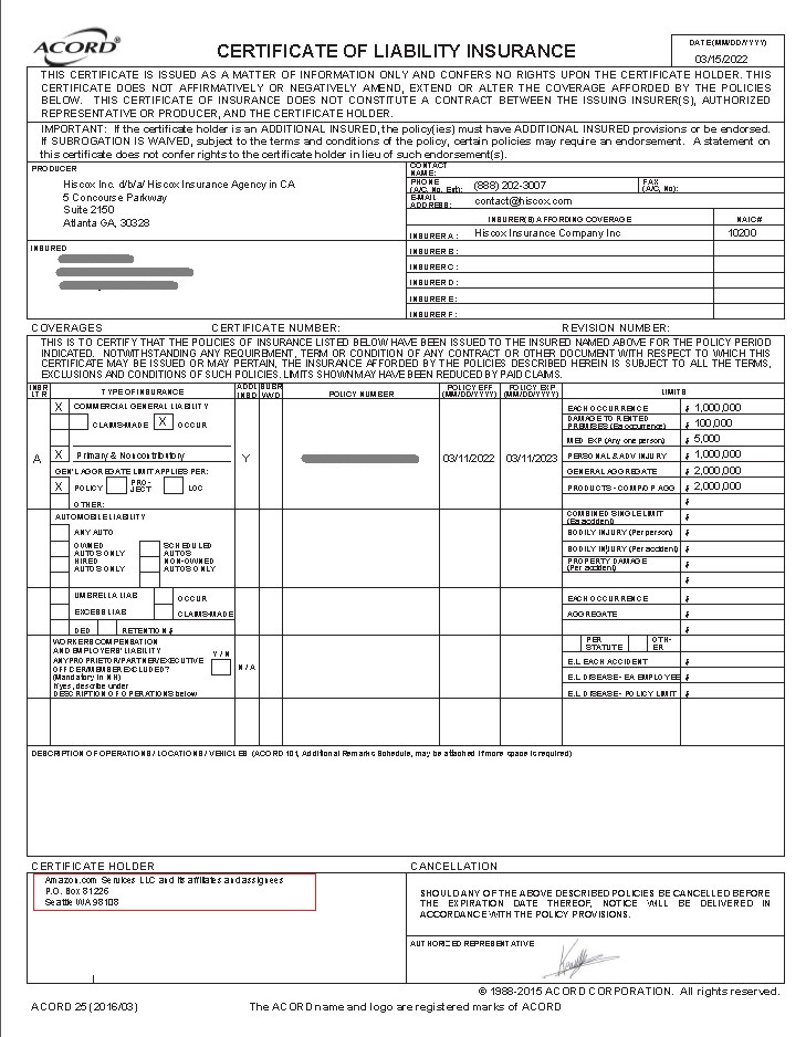 Certificate of Liability with Additional Insured keeps being rejected